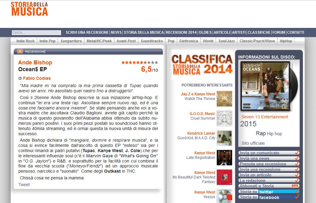 Ande Bishop “Ocean$” EP reviewed by Italy’s Storia della Musica ...